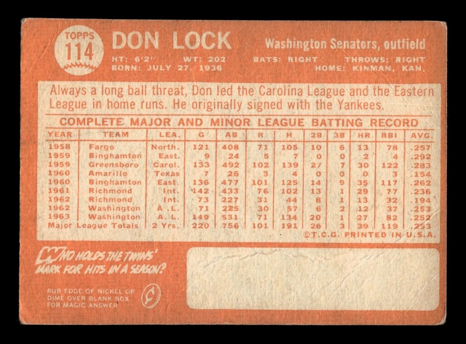 1964 Topps Don Lock #114 Washington Senators | eBay