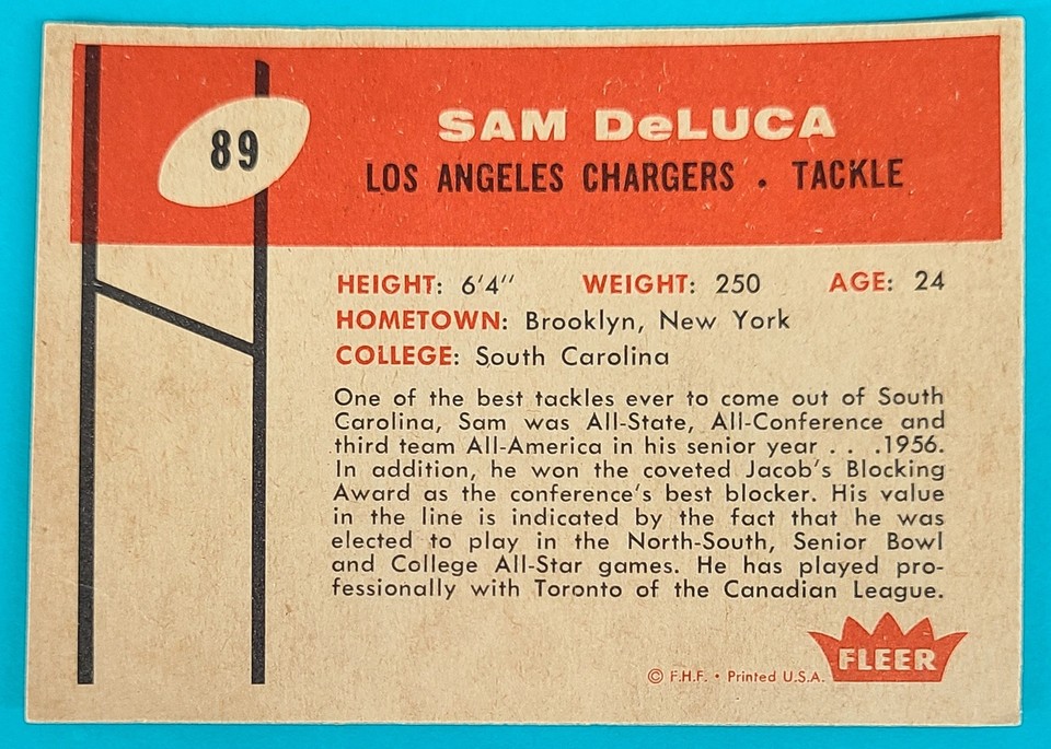 1960 Fleer RC #89 Sam DeLuca Los Angeles Chargers FOOTBALL Card Z7 | eBay