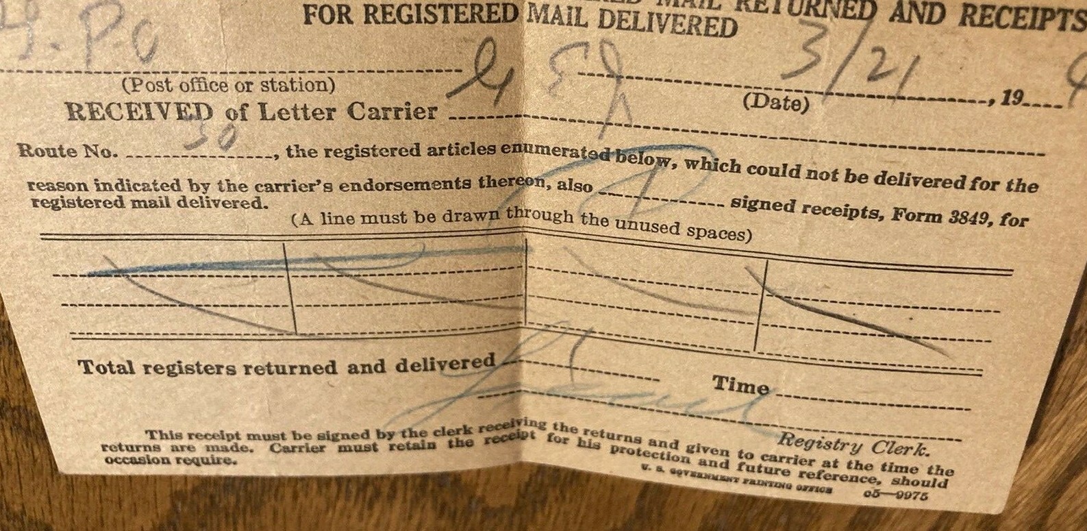 USPS Form 3868 Carrier's receipt for undelivered registered mail ...