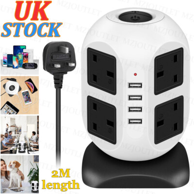 2M Extension 8 Way Tower Power Lead 4 USB Multi Socket Surge Protected ...