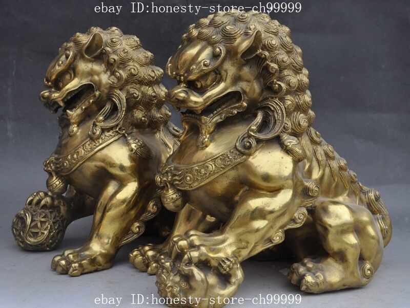 10" China Brass copper FengShui Fu Foo Dog Evil Guardian Lion Bronze ...