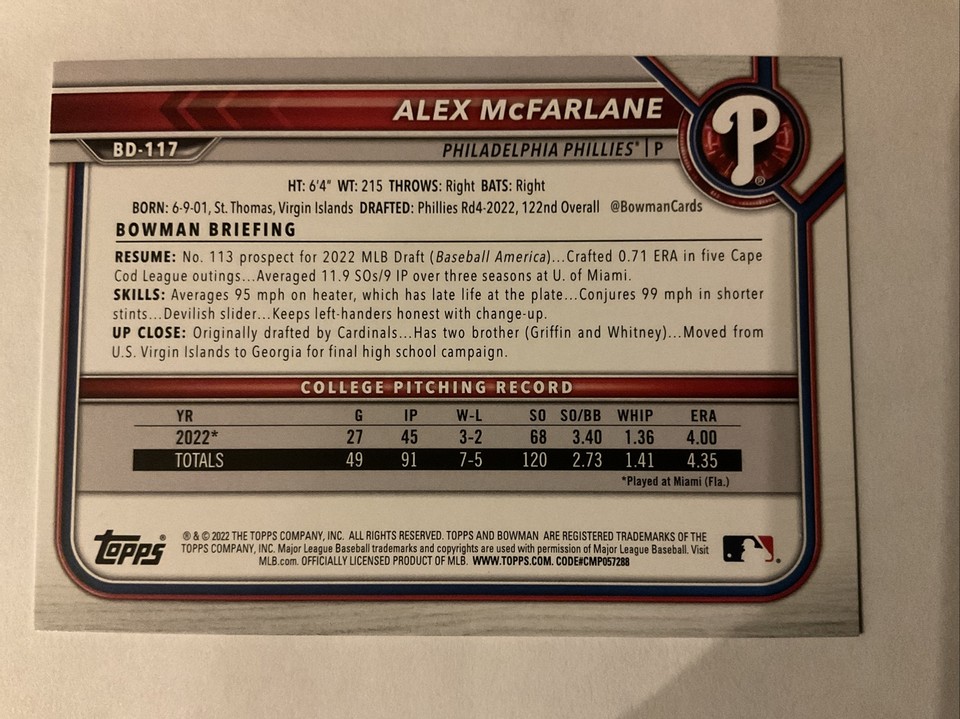2022 Bowman Draft ALEX MCFARLANE 1st Bowman RC Philadelphia PHILLIES # ...