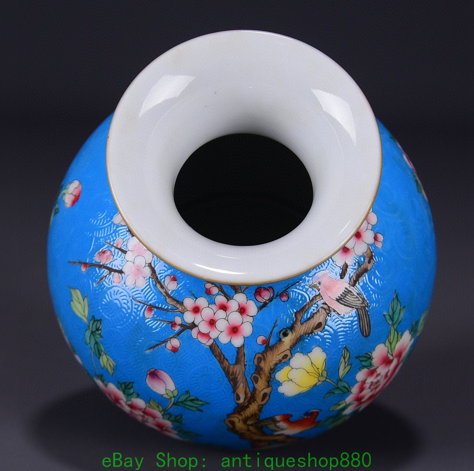 6.3" Qianlong Marked Blue Glaze Famille Rose Porcelain Flower Bird ...