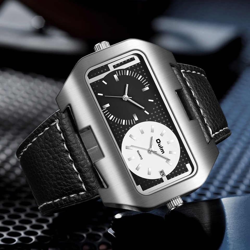 Oulm Dual Time Zone Rectangular Large Dial Quartz Watch Leather Strap ...