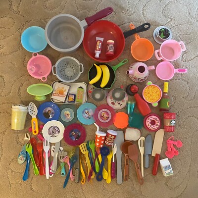 70+ Pretend Play toy plastic dishes Lot pans silverware teapot cups ...