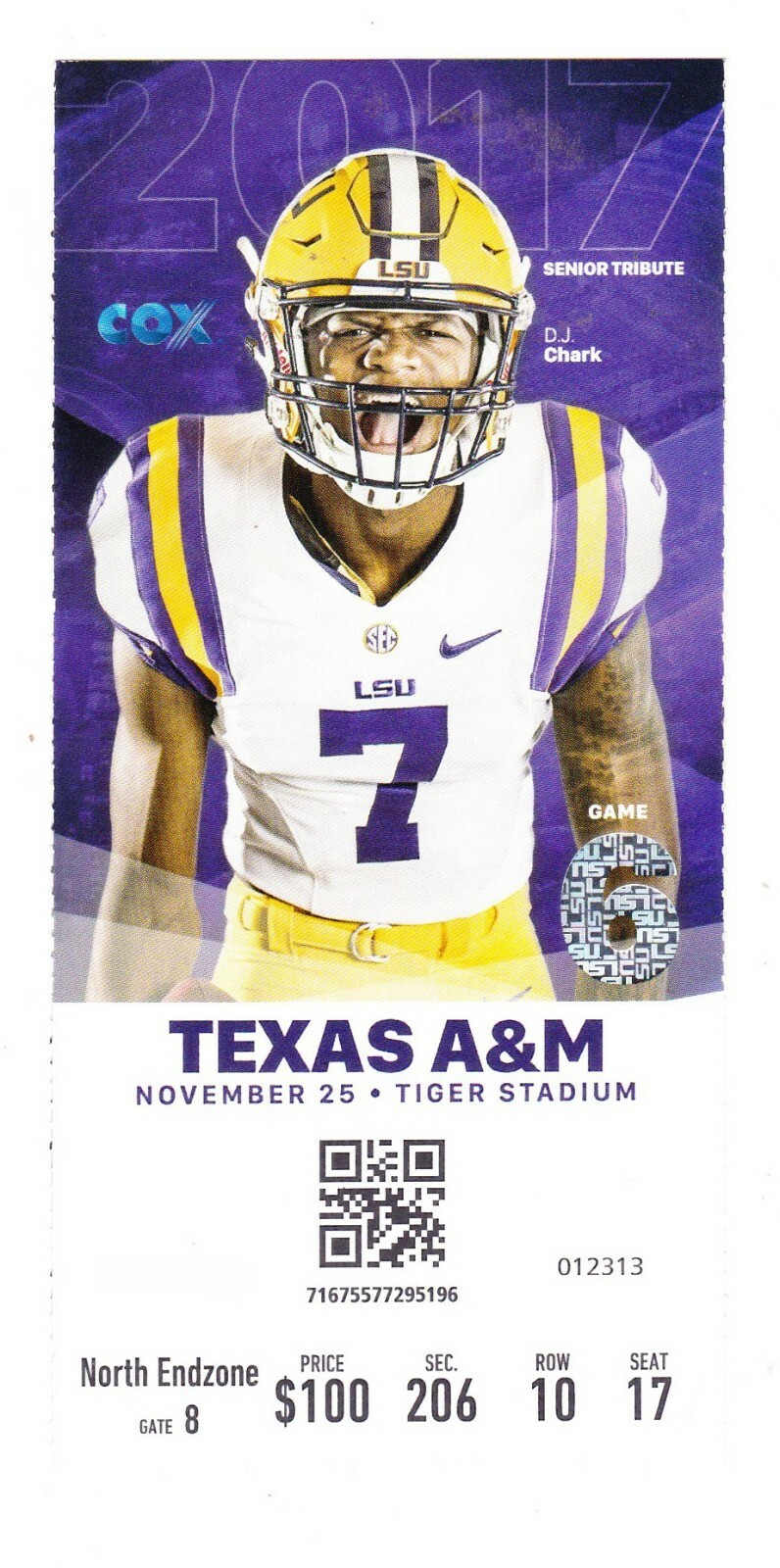 D.J. Chark 2017 LSU Tigers vs Texas A&M Full Ticket Tiger Stadium ...