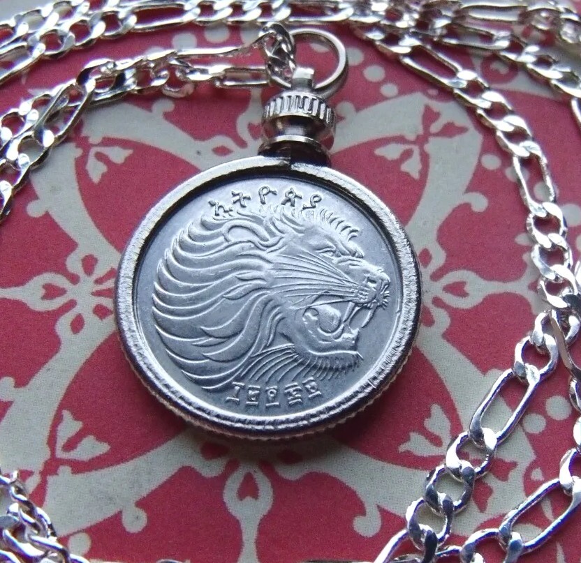 Roaring African Lion Coin Bezel Pendant on a 24" 925 Sterling Silver ...