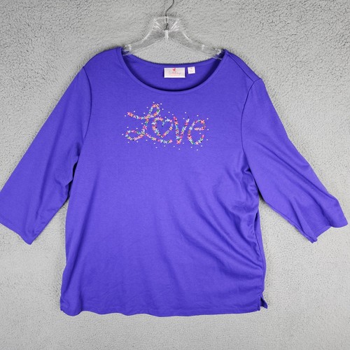 Quacker Factory 3/4 Sleeve T-Shirt 1X Women's Embroidered Logo Love | eBay