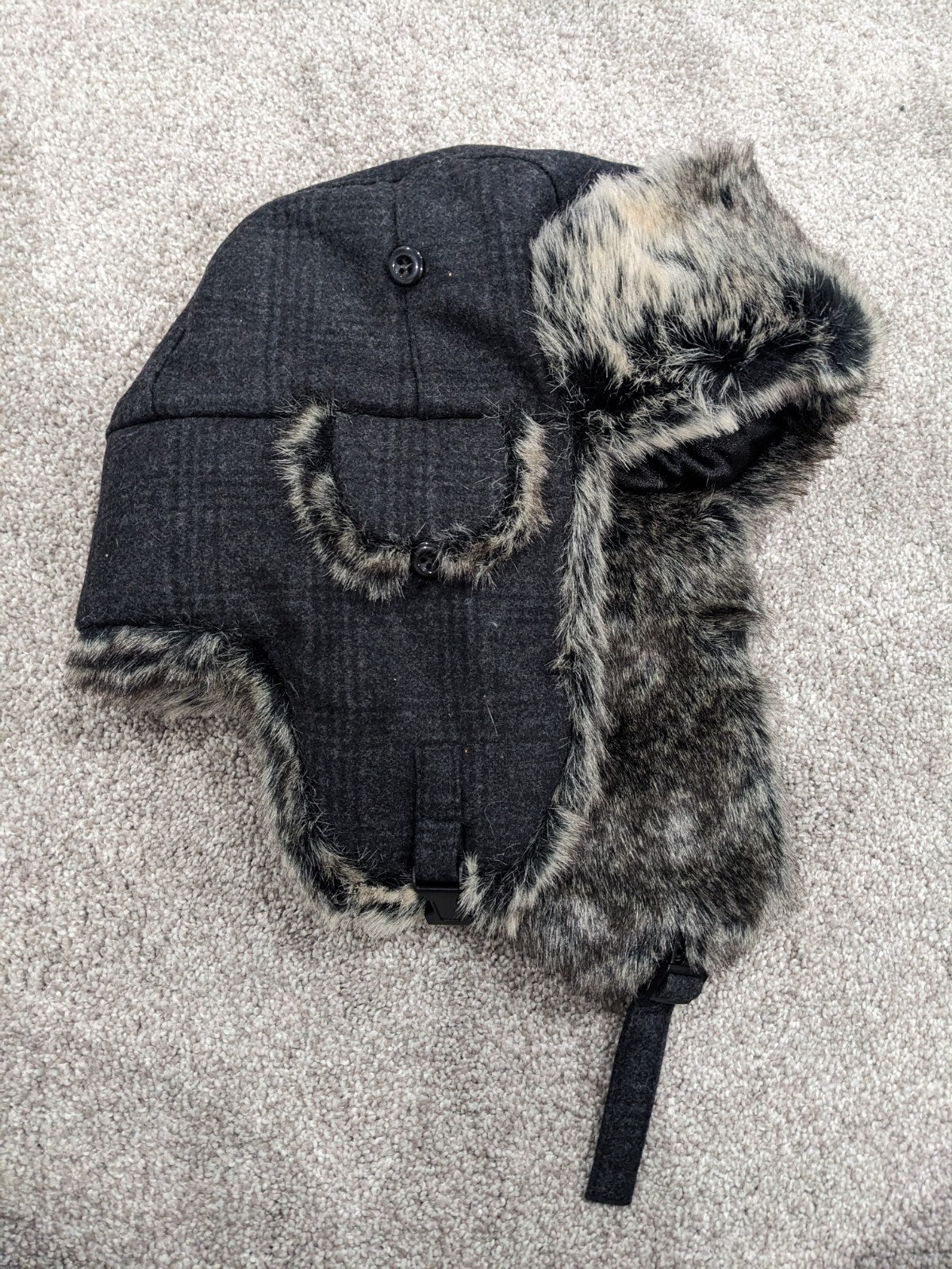 Nathaniel Cole Trapper Hat Mens Large-XL Black Dark Grey Faux Fur-Trim | eBay