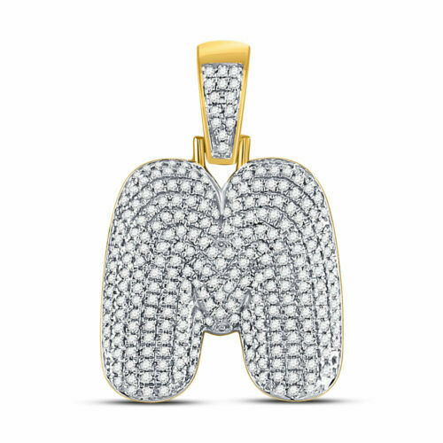 Solid 10k Yellow Gold Round Diamond Bubble M Letter Charm Pendant 3/4 ...