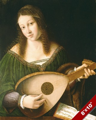 YOUNG GIRL PLAYING A LUTE MUSIC ART DAILY LIFE PAINTING REAL CANVAS ...