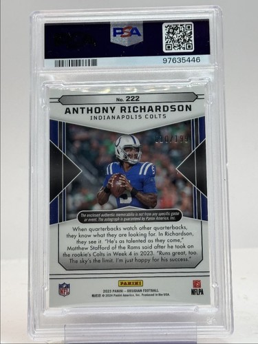 ANTHONY RICHARDSON 2023 OBSIDIAN RPA ROOKIE PATCH RC AUTO /199 PSA 9 ...