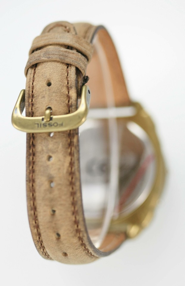 Fossil Watch Mens Day Date 24hr Gold Stainless Steel Brown Leather ...