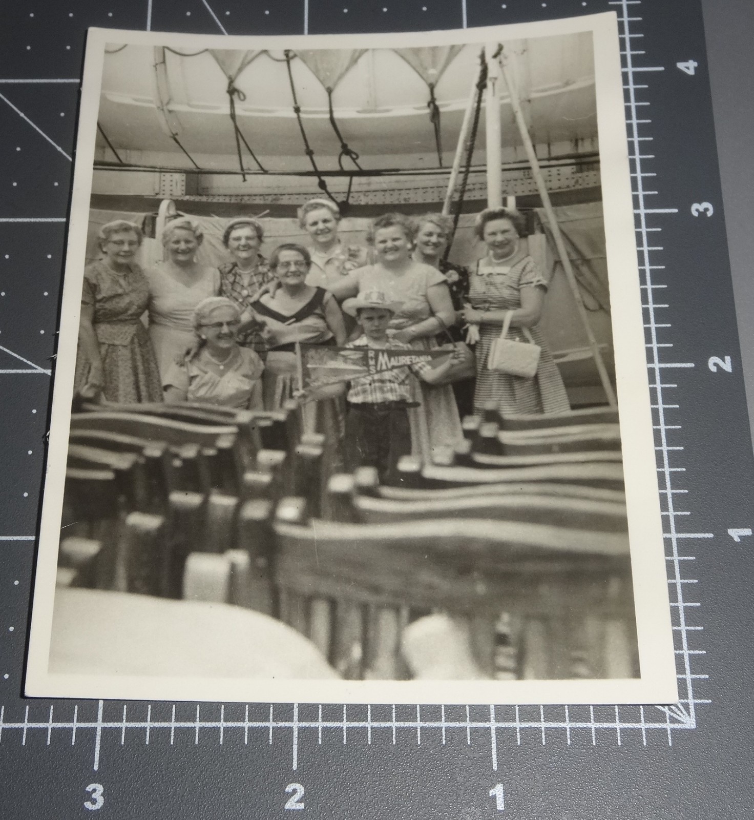 1950's Boy w/ RMS Mauretania Ship Boat PENNANT Women Lifeboat @@K ...