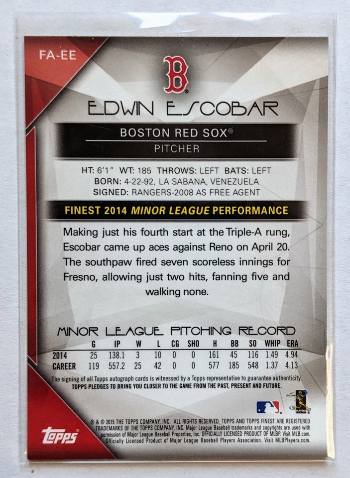 2015 Topps Finest Edwin Escobar Gold Refractor Auto /50 #FA-EE Rookie ...