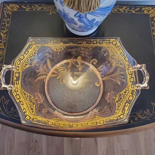 Elegant Pink Depression or Elegant Glass Hexagon Handled Etched Gilded ...