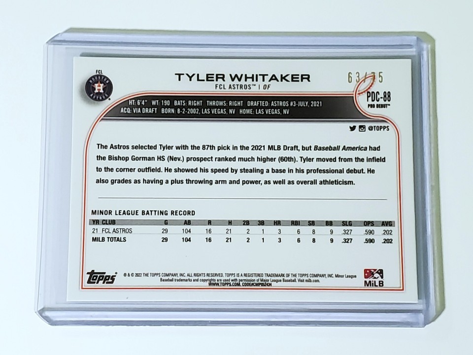 Tyler Whitaker 2022 Topps 1st Pro Debut Chrome Aqua Refractor 63/75 ...