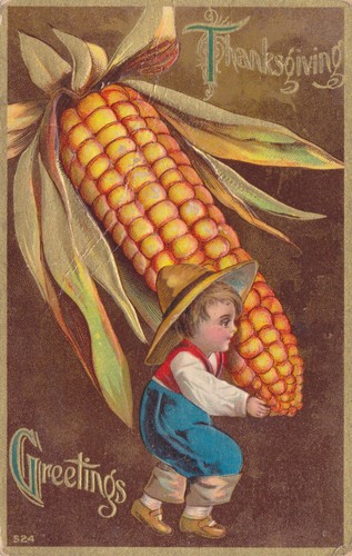 "Thanksgiving Greetings" boy in straw hat, with an exaggerated ear of ...
