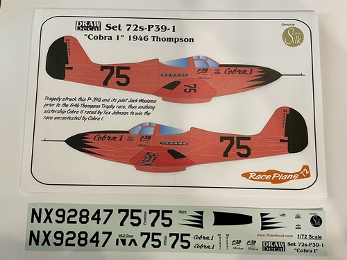 Rare! DRAW DECAL P-39-1 “Cobra 1” 1946 Thompson Trophy Race HTF Jack ...