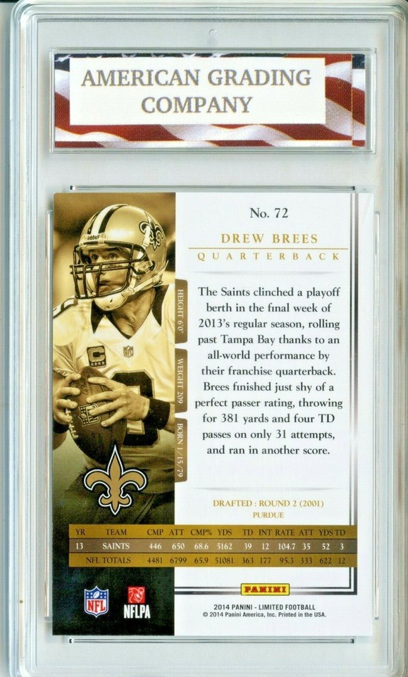 2014 Panini Limited #72 Drew Brees AGC 10 Gem Mint New Orleans Saints ...