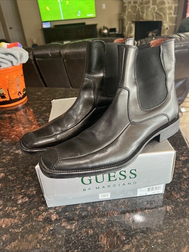 Mens Guess Beatles Boots Chelsea Ankle Cameo Black Leather Mens US Size ...