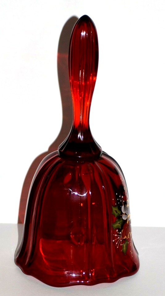 Vintage Fenton Ruby Red Glass Bell ROSE Hand Painted Artist Signed 7 1/ ...