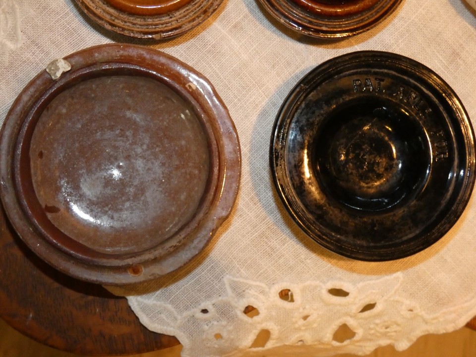 Lot of 7 Antique Stoneware Crock, Weir, Salt Glaze, Button Lids - Brown ...