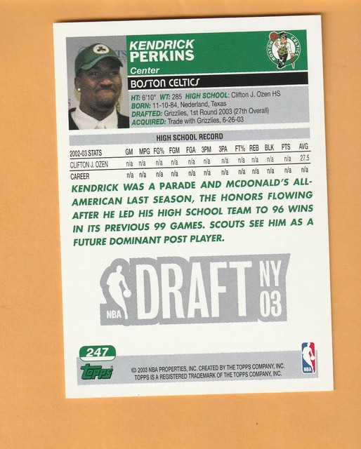2003-04 Topps - 2003 NBA Draft #247 Kendrick Perkins (RC) for sale ...