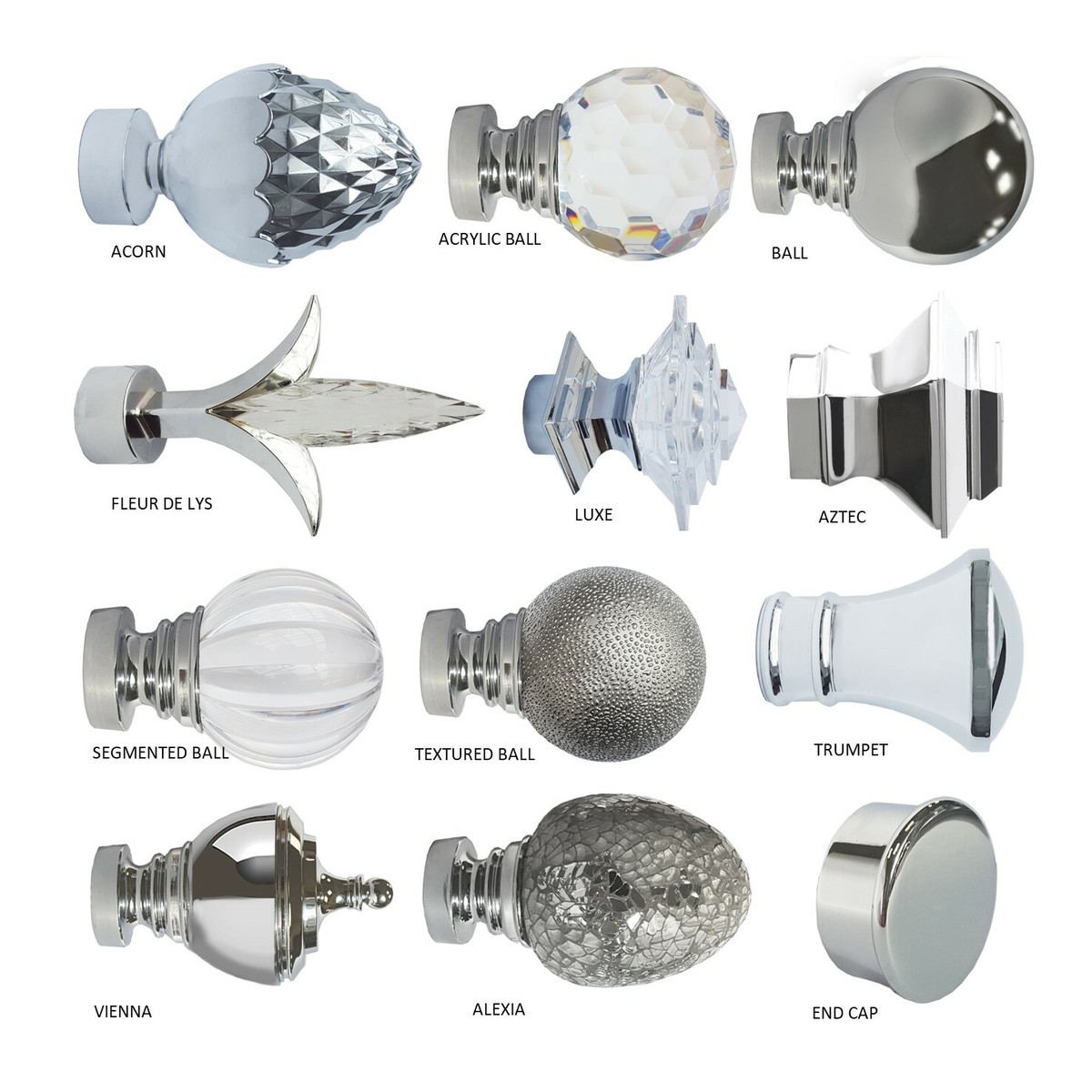 Glass Curtain Rod Finials 35mm Polished Chrome Segmented Ball Curtain