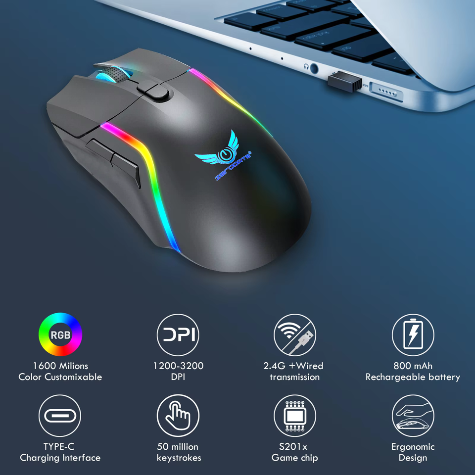 Rechargeable Wireless Gaming Mouse 2.4Ghz RGB Rainbow LED Light USB-C ...