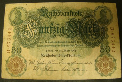 1906 GERMANY 50 MARK FINE Funfzig Reichsbanknote 6 digits - Foreign ...