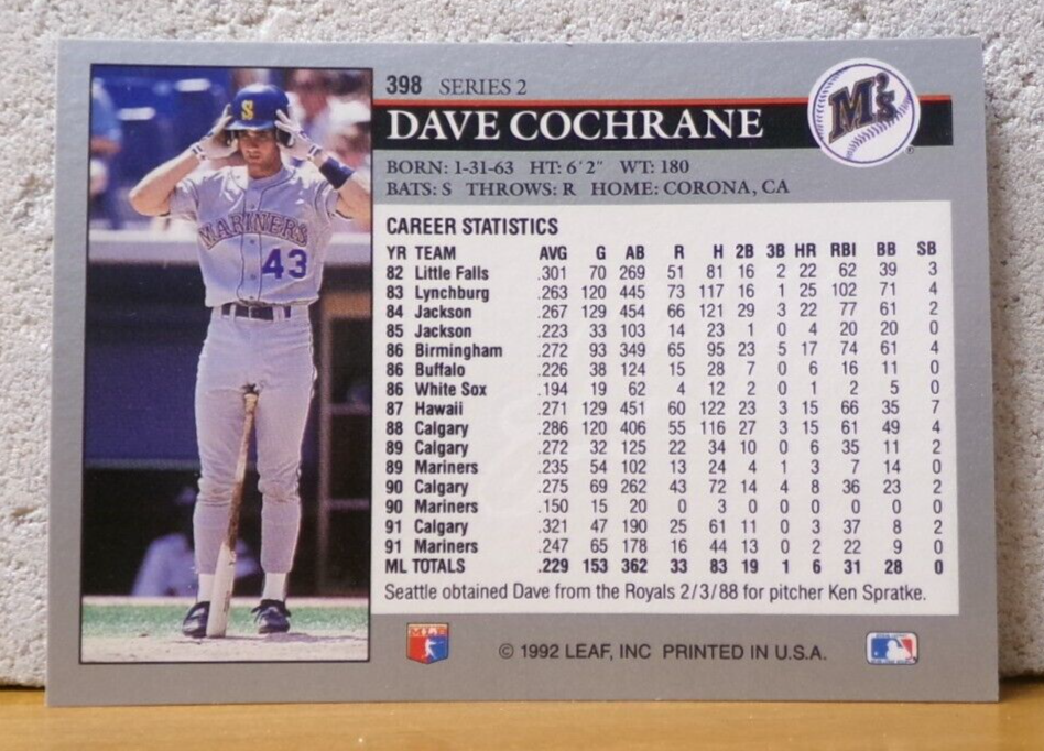 COOL BASEBALL CARD FROM VINTAGE PACK LEAF 1992 SEATTLE MARINERS DAVE ...