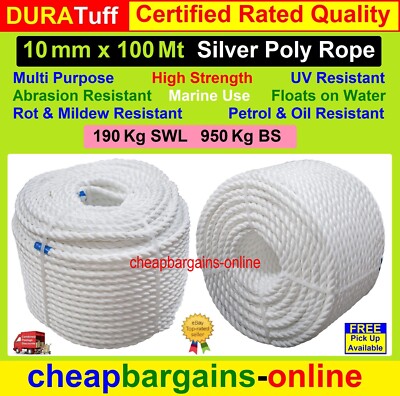 10mm x 100Mt GENERAL PURPOSE MARINE ROPE SILVER POLY ROPE TRUCK 4x4 ...