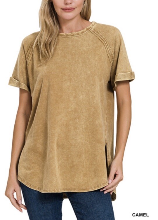 Zenana French Terry Acid Wash Raw Edge Raglan Short Cuff Double Back ...