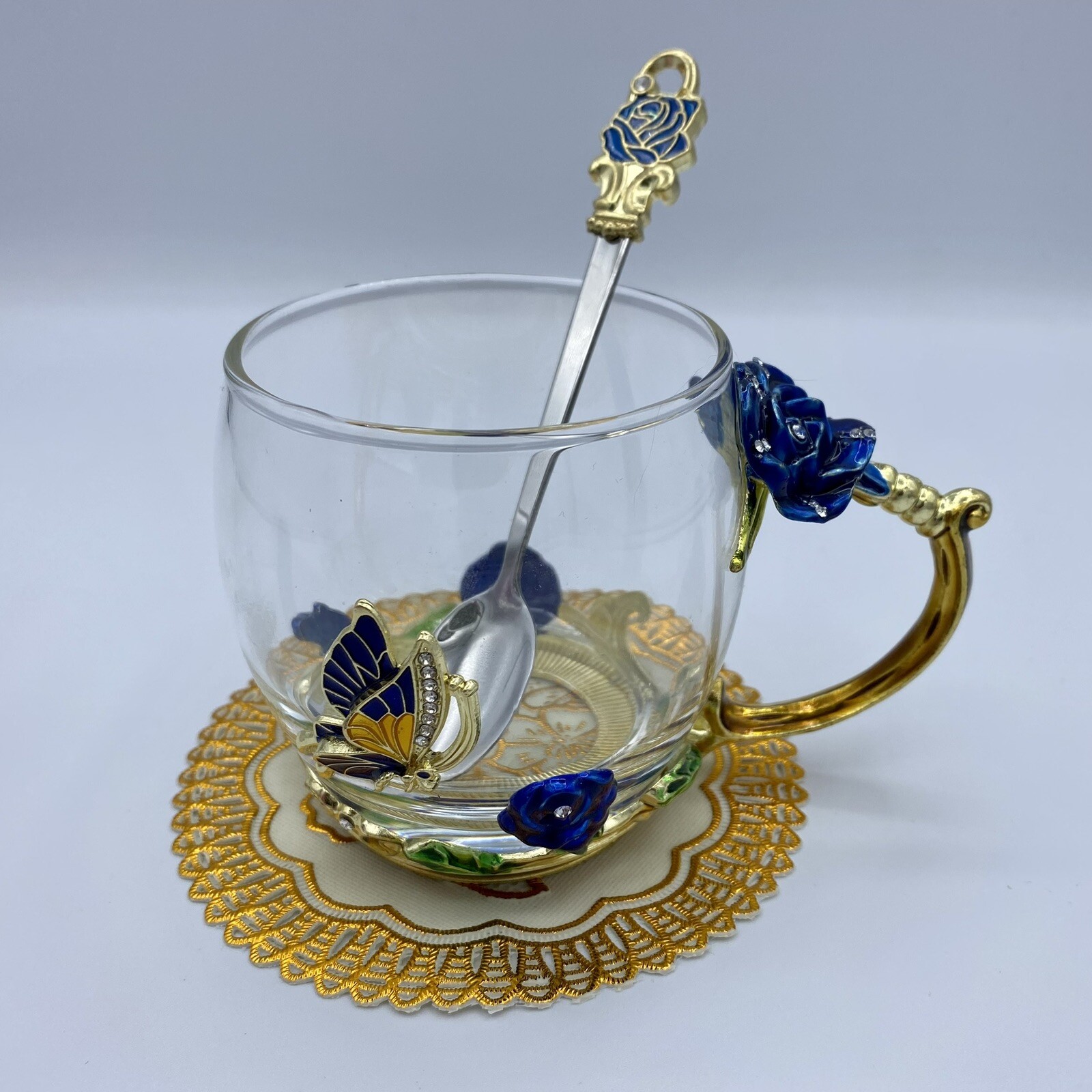 Tea Cup Enamel Glass Coffee Mugs Butterfly Flower Tea Mug with Spoon ...