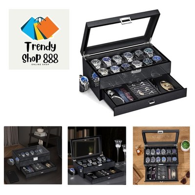 Watch Case, 12-Slot Wooden Watch Box with Valet Drawer, 2-Layer Watch ...
