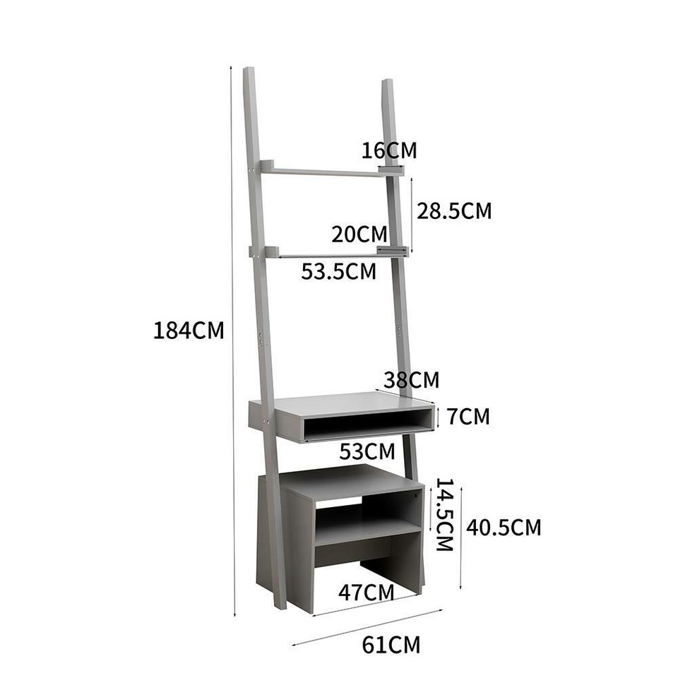 Grey 3 Tier Ladder Desk Unit Home Office Shelving Storage with Stool ...
