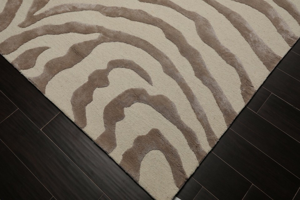 Multi Sizes Handmade Wool & Faux Silk Animal Print Zebra Area Rug Ivory ...