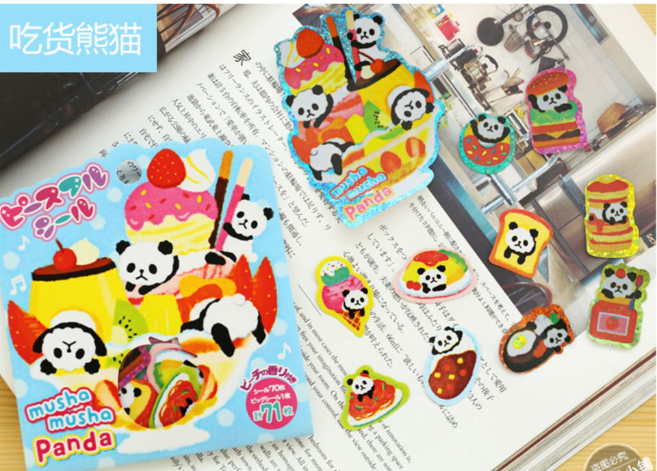 Lot 71 Japan Musha Panda Cat Food Dessert funny sticker flakes Seal ...