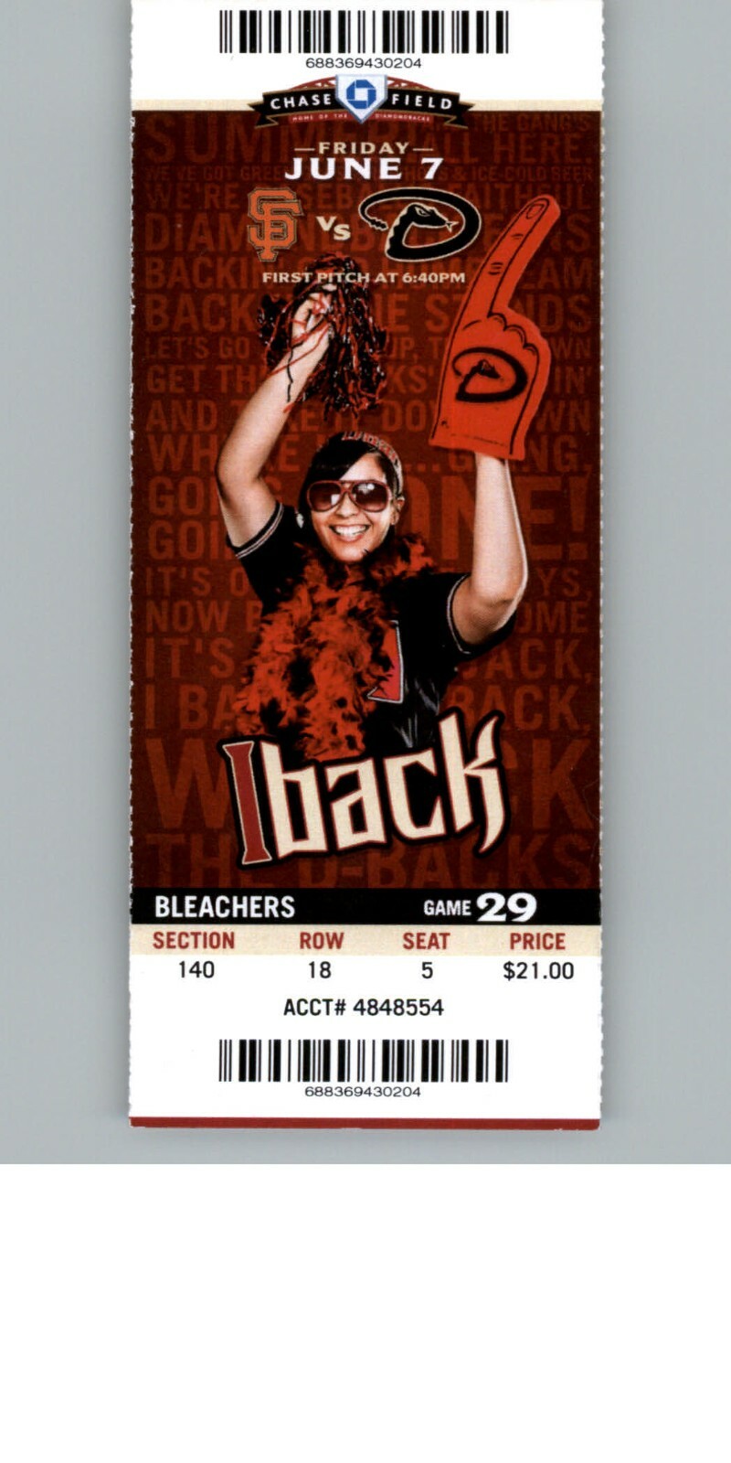 Giants vs Arizona Diamondbacks 6/7/2013 Ticket - Paul Goldschmidt HR#43 ...