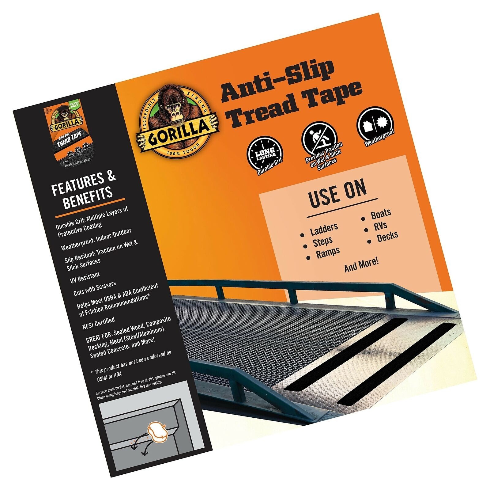 GORILLA TREAD TAPE ANTI-SLIP GRIP TAPE 2 INCH X 10FT ROLL BLACK FAST ...