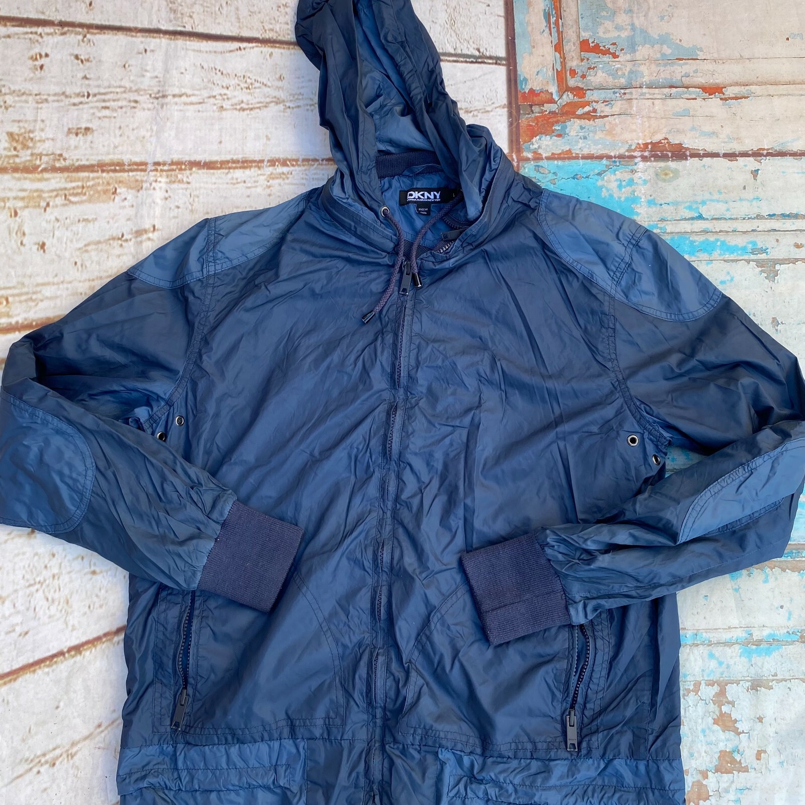 DKNY Mens Blue Nylon Full Zip Water Resistant Hooded … - Gem