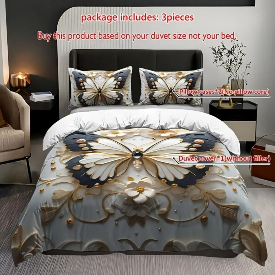 3pcs Butterfly Floral Duvet Cover Set 1 Duvet Cover 2 Pillowcases ...