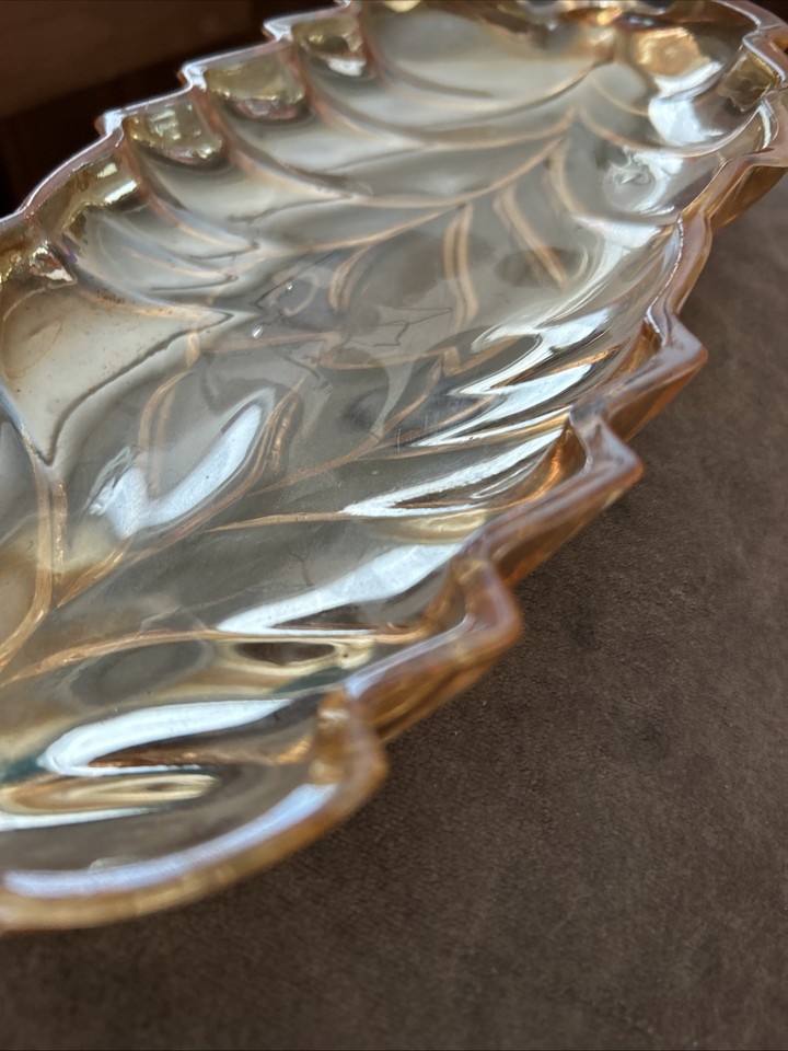 Carnival Glass Iridescent Marigold Peach-luster Leaf-shaped Dish Appx ...