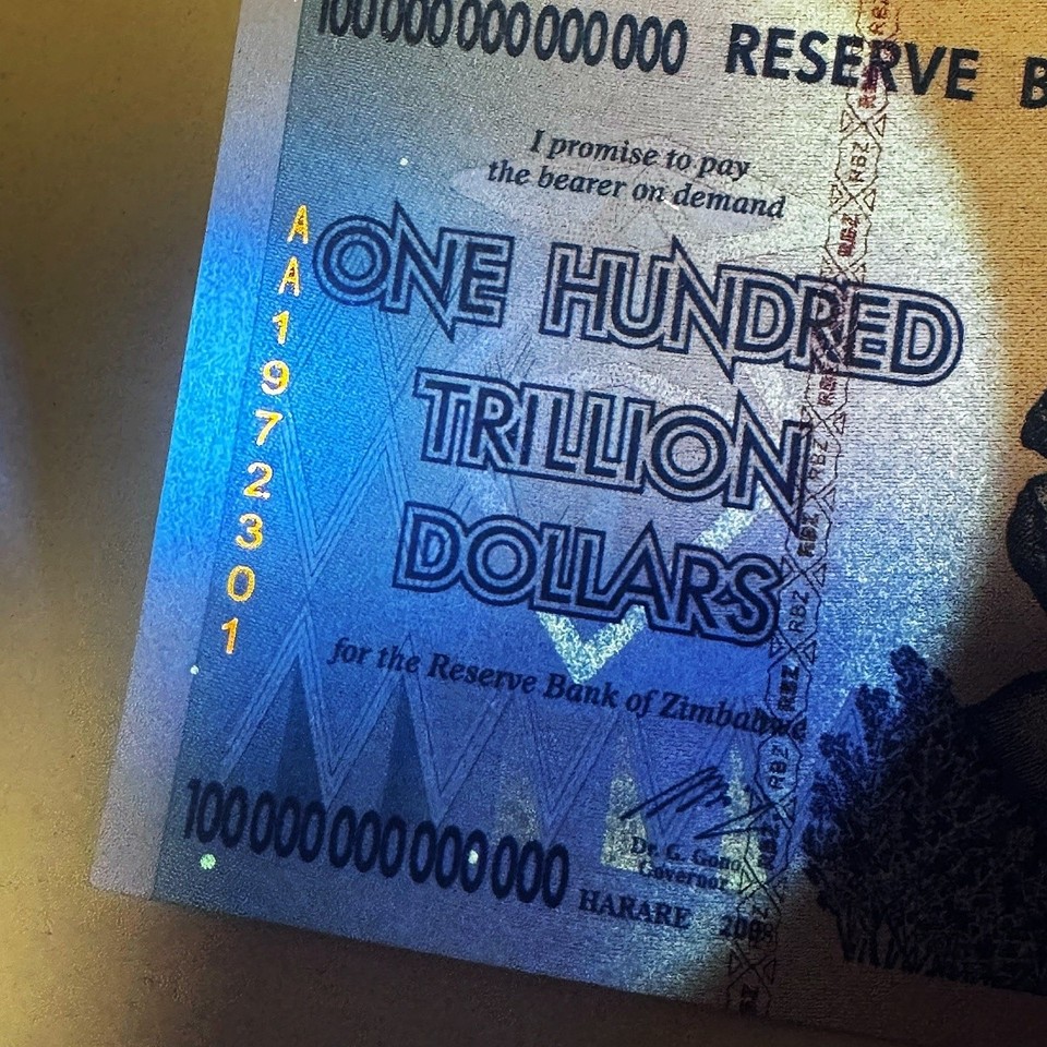 Zimbabwe 100 Trillion Dollars 2008 P-91 AA Prefix Hyperinflation UNC ...