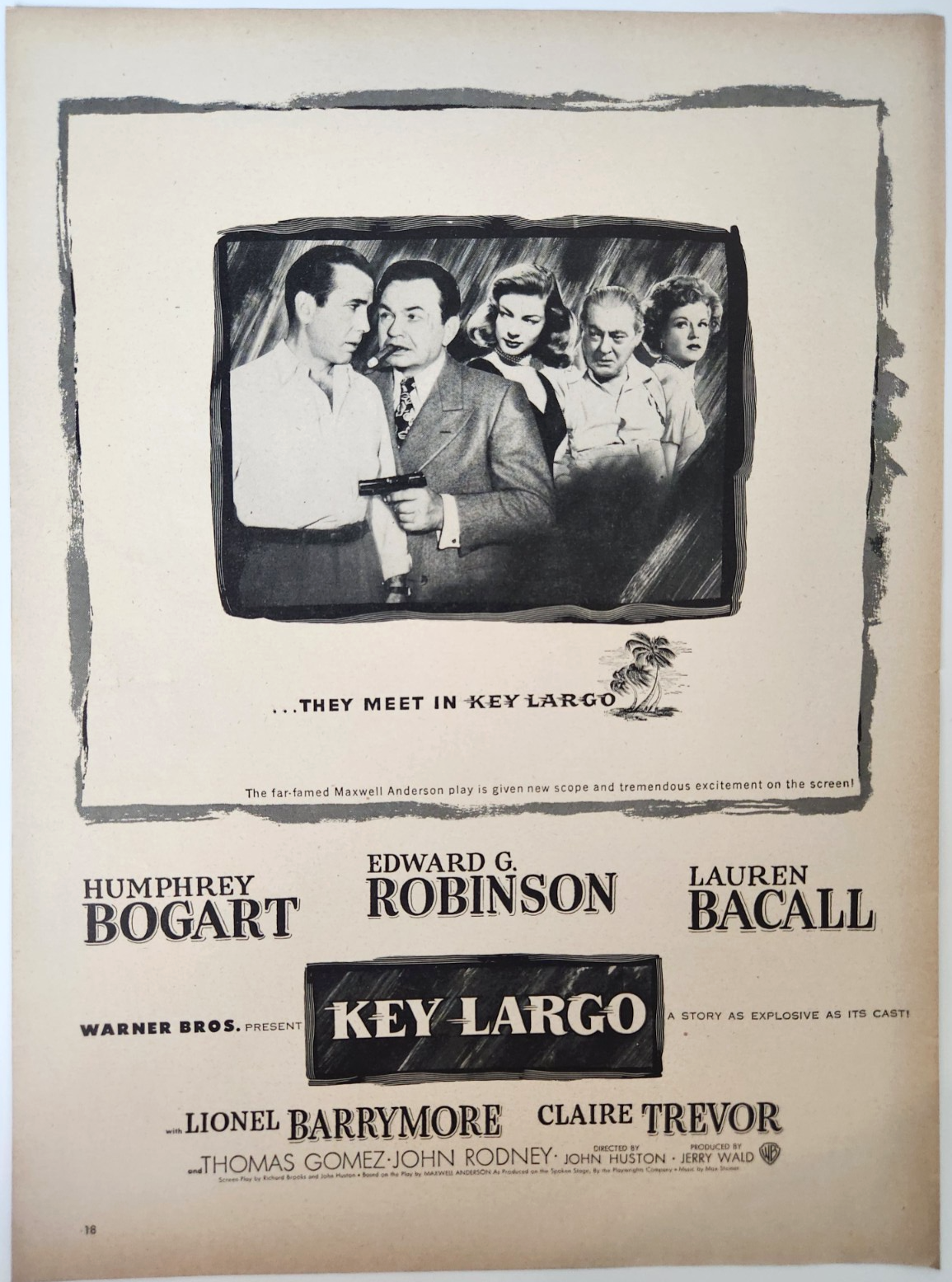 Key Largo Humphrey Bogart Lauren Bacall Vintage 1948 Movie Ad Magazine ...