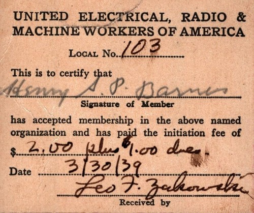 1939 United Electrical Workers Local 103 Membership Card | eBay