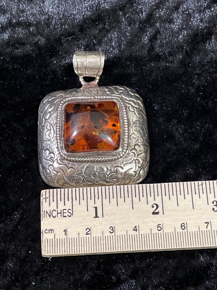 Tibetan Large Amber Pendant Set in Heavily Engraved Front & Back Silver ...