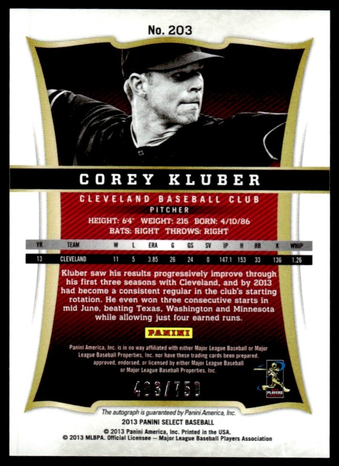 2013 Panini Select AUTO Corey Kluber Rookie Auto 483/750 Cleveland ...