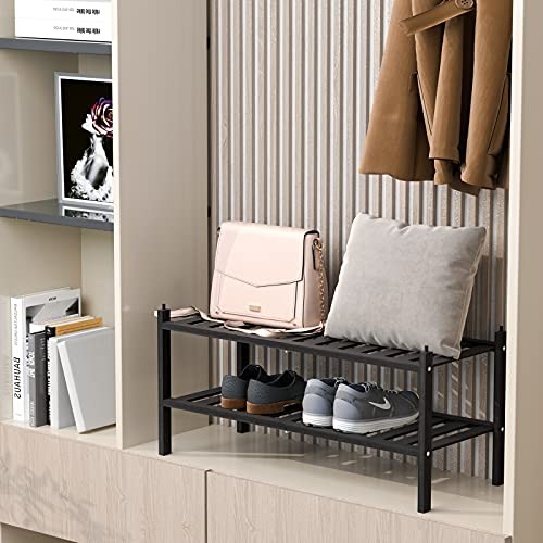 Shoe Rack, 2-Tier Bamboo Stackable Shelf Storage Organizer, 2-Tier ...